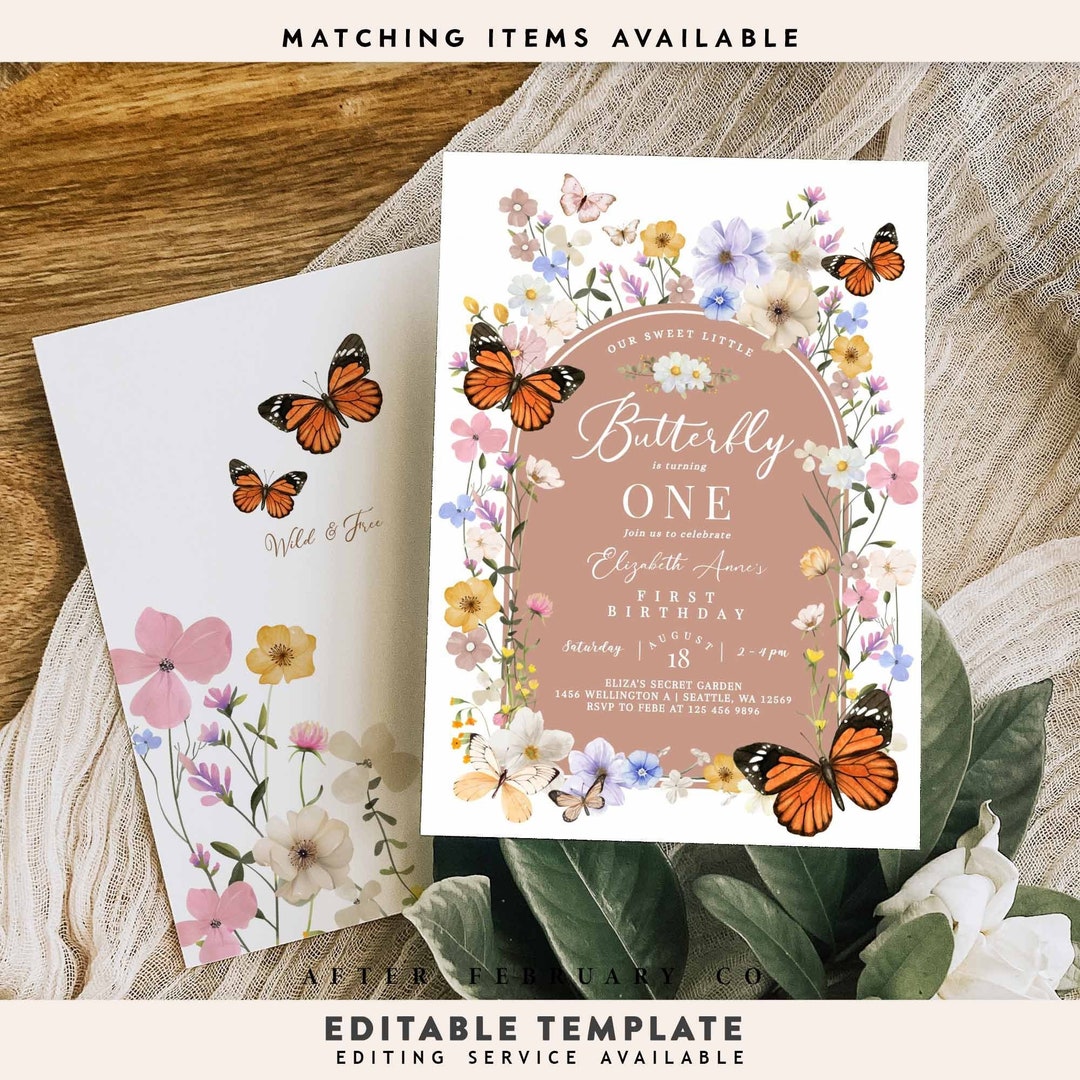 EDITABLE ANY AGE Butterfly Wildflower Birthday Invitation Monarch ...