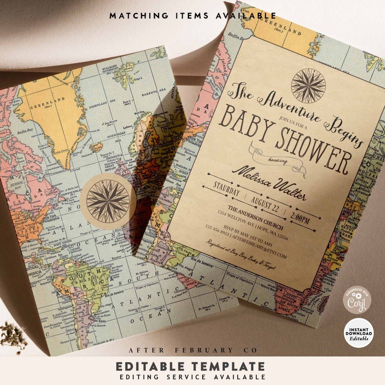 Editable Adventure Baby Shower Around the World Baby Shower Vintage ...