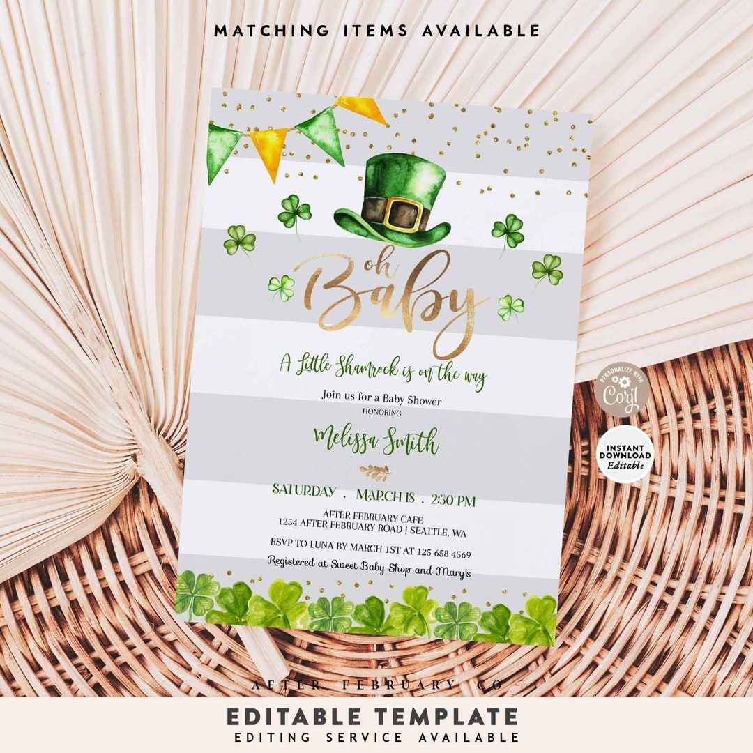 Editable St Patricks Day Baby Shower Invitation Clover Shamrock Invite ...