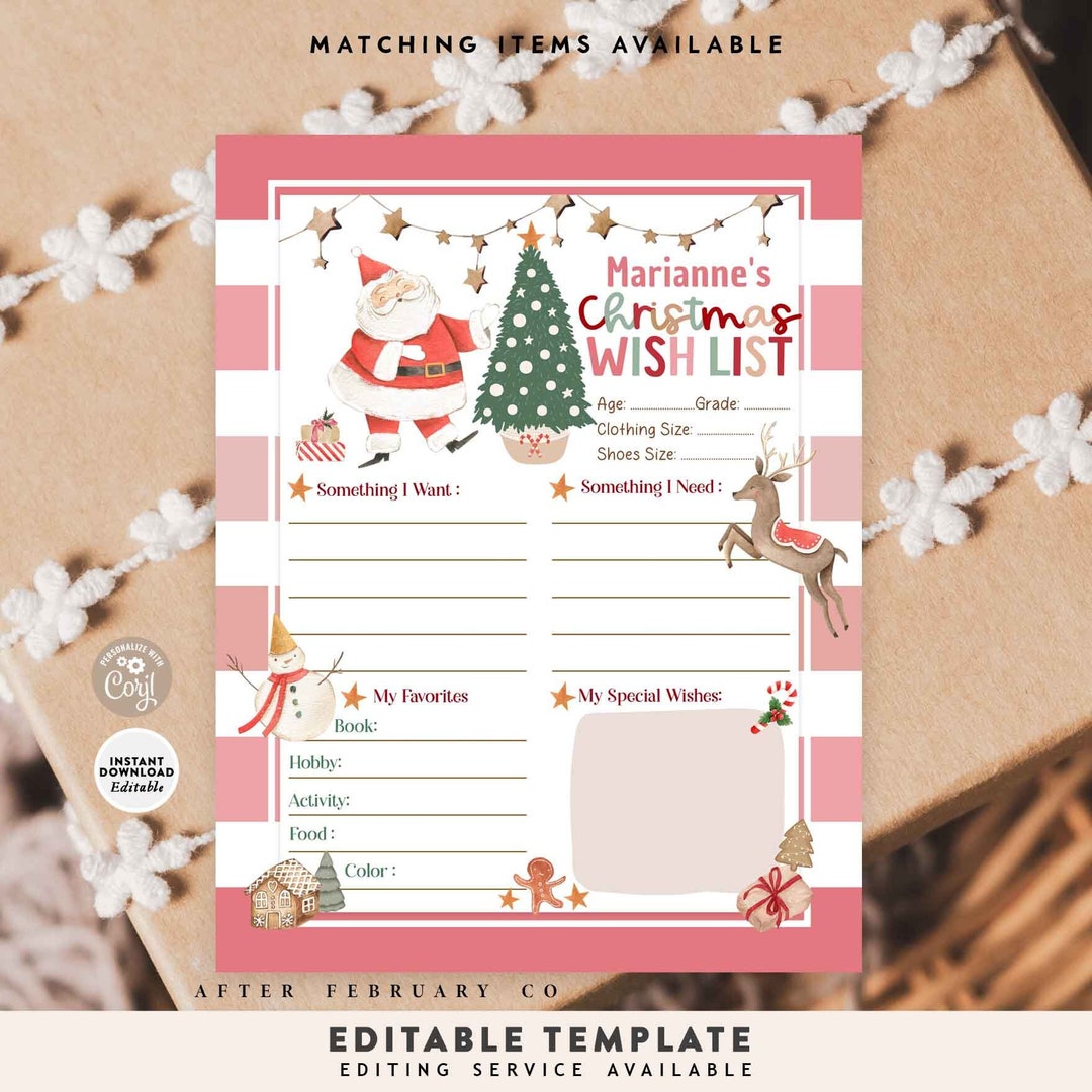 Editable Pink Christmas Wish List Letter to Santa Claus Christmas Eve ...