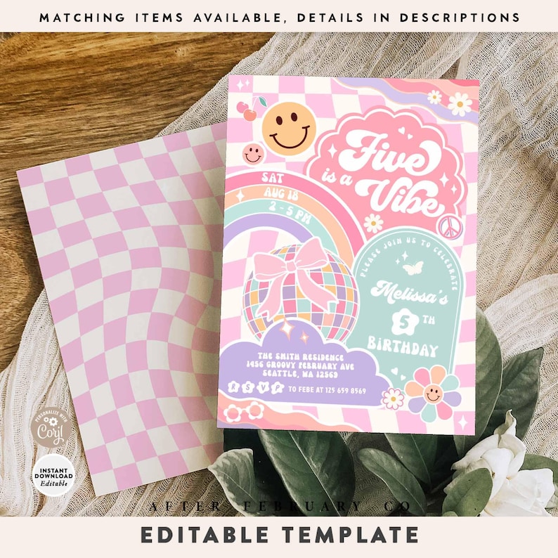 Groovy 5 is a Vibe 5th Birthday Invitation: Rainbow Disco Invite ...