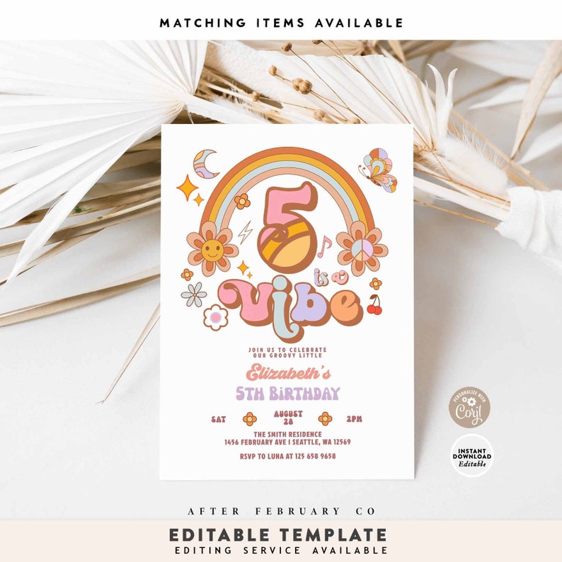 Editable FIVE is a Vibe Groovy Birthday Invite Daisy Rainbow - Etsy
