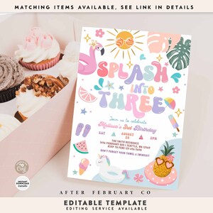 Splash Into Three 3rd Birthday Pool Party Invitation: Girly Swimming ...