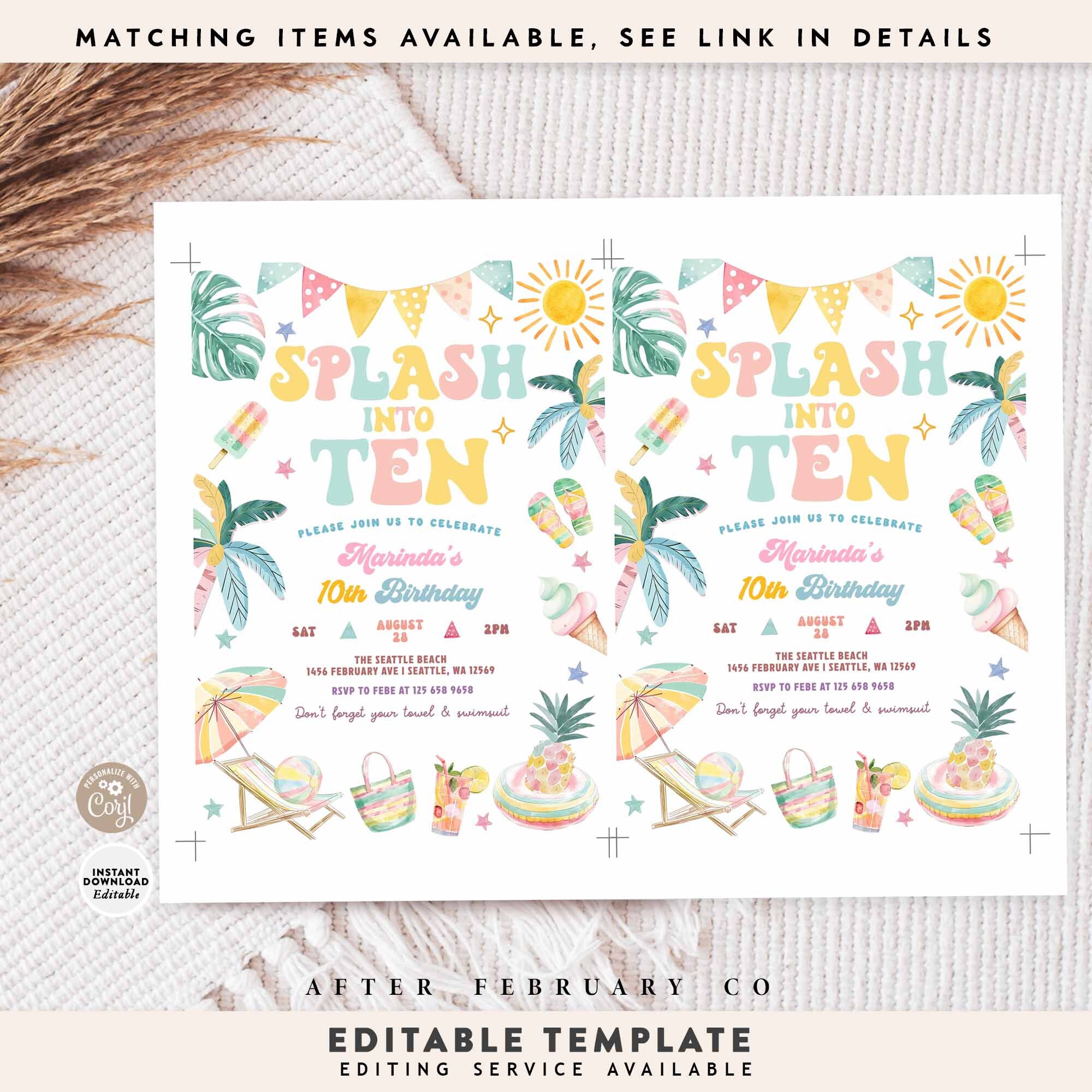 Splash Into TEN 10th Birthday Pool Party Invitation: Beach Theme Invite ...