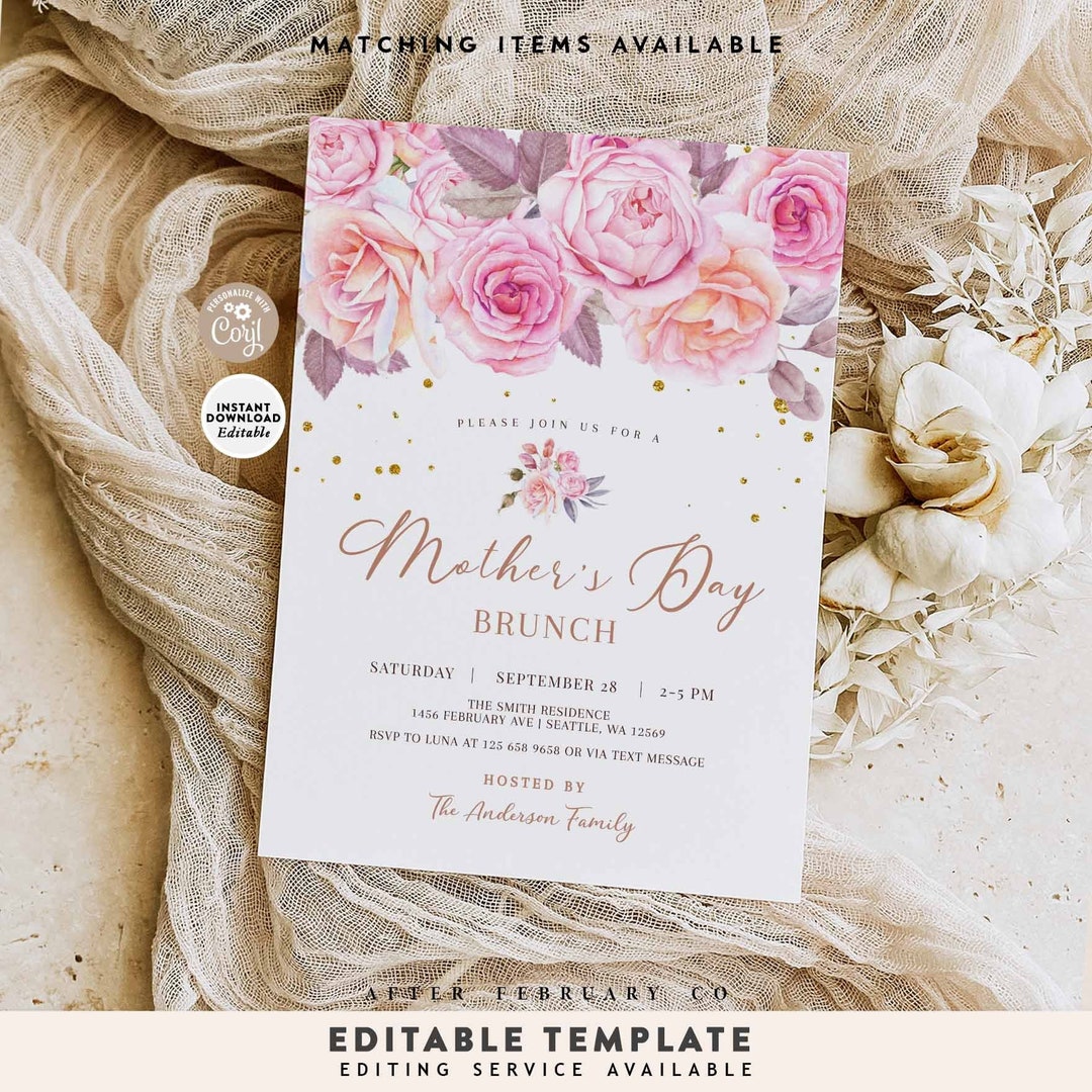 EDITABLE Pink Floral Mother's Day Brunch Gold Pink Mother Day Tea ...