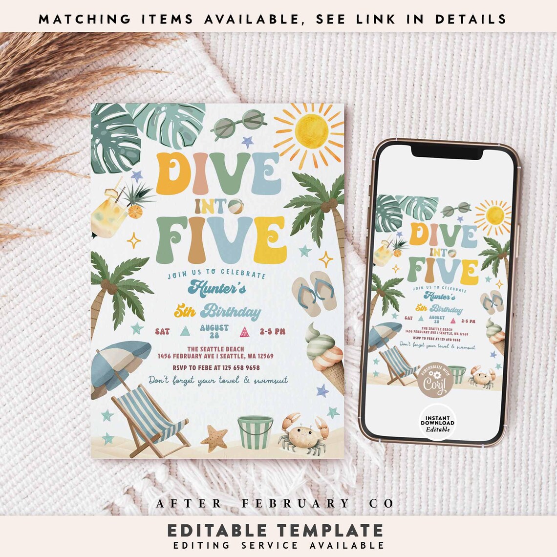 Dive Into Five Boy 5th Birthday Invitation: Beach Theme Birthday Invite ...