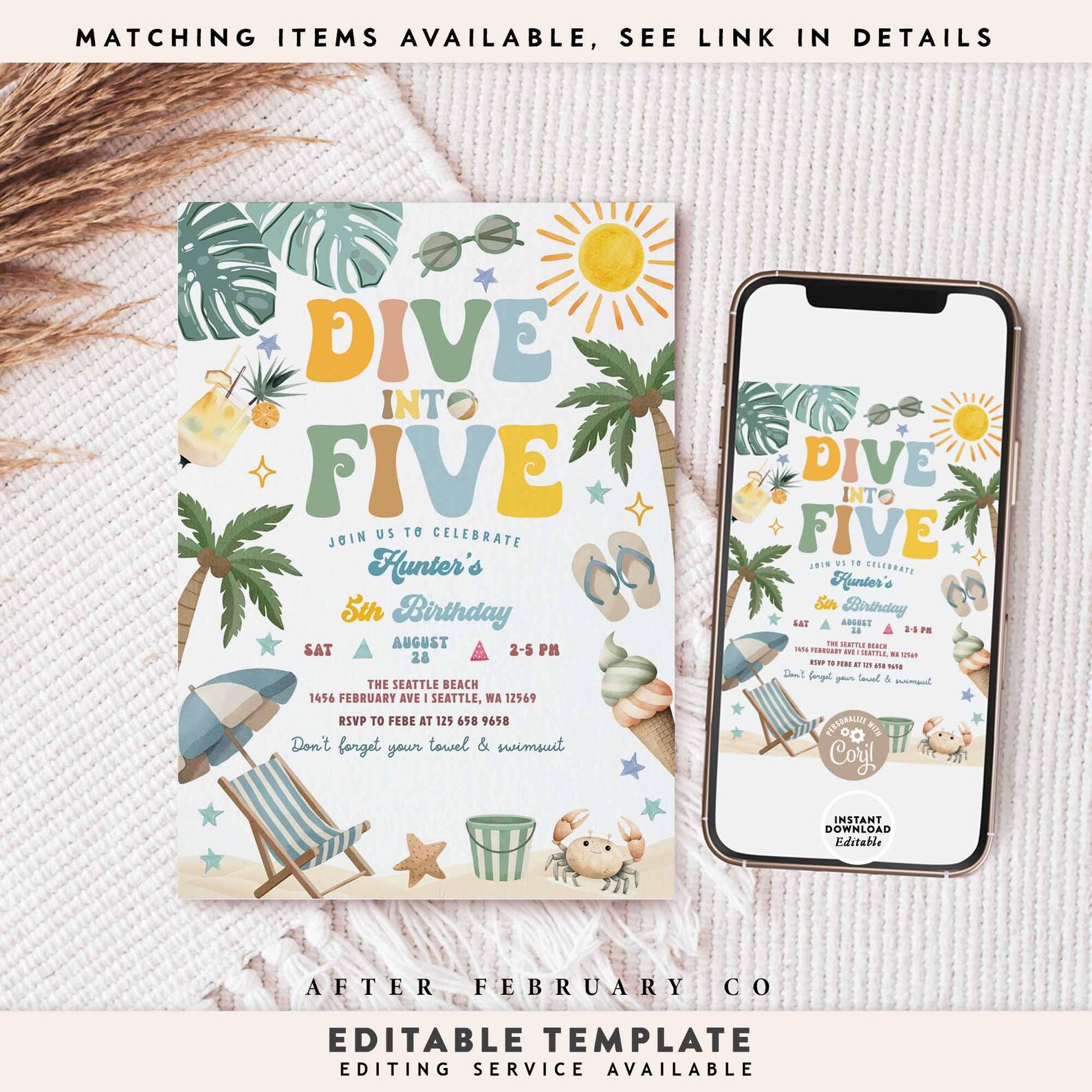 Dive Into Five Boy 5th Birthday Invitation: Beach Theme Birthday Invite ...