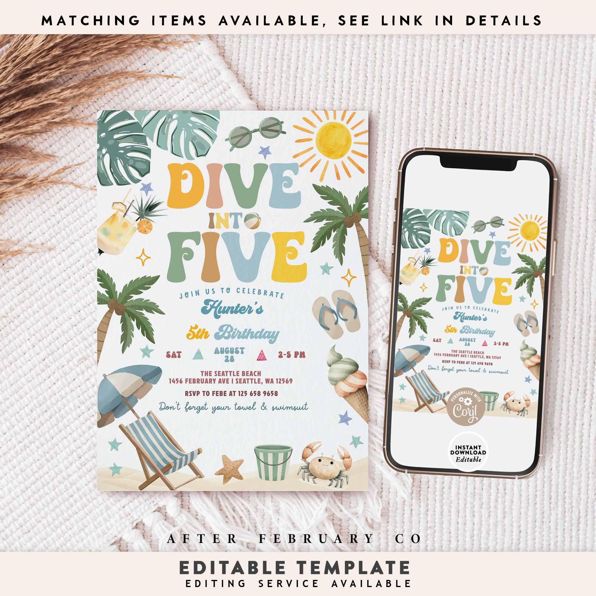 Dive Into Five Boy 5th Birthday Invitation: Beach Theme Birthday Invite ...