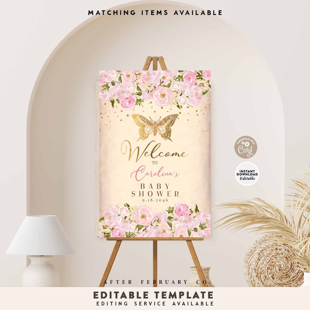 EDITABLE Pink Gold Floral Butterfly Gold Butterfly Blush Floral Welcome ...