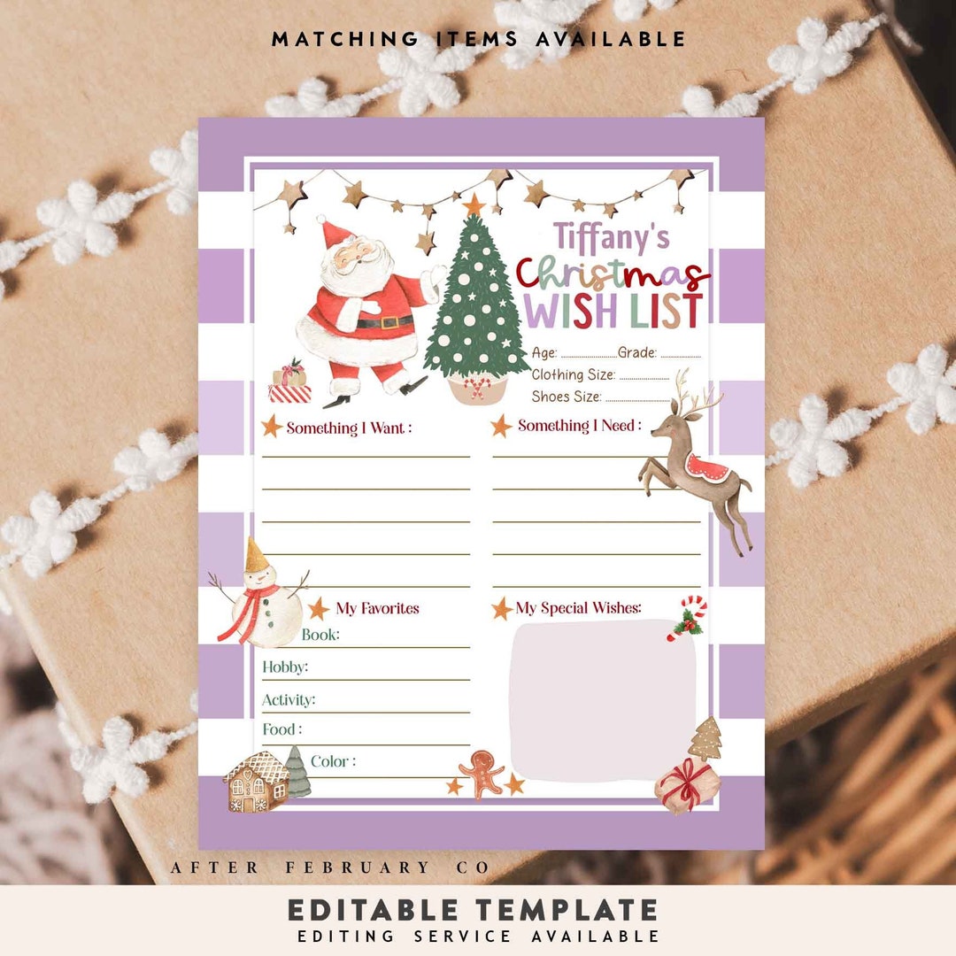 Editable Purple Christmas Wish List Letter to Santa Claus Christmas Eve ...