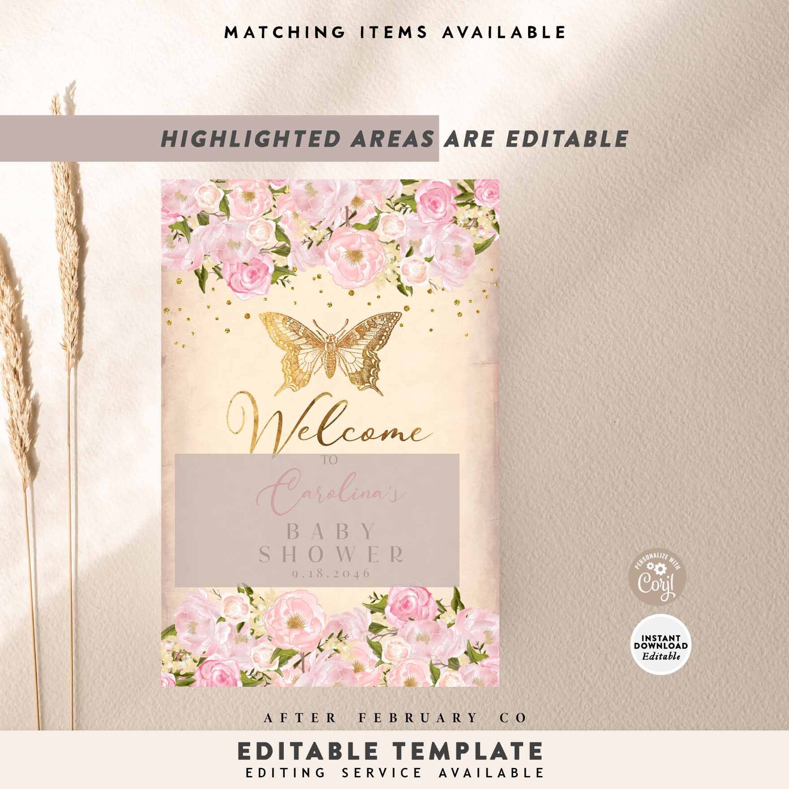 EDITABLE Pink Gold Floral Butterfly Gold Butterfly Blush - Etsy