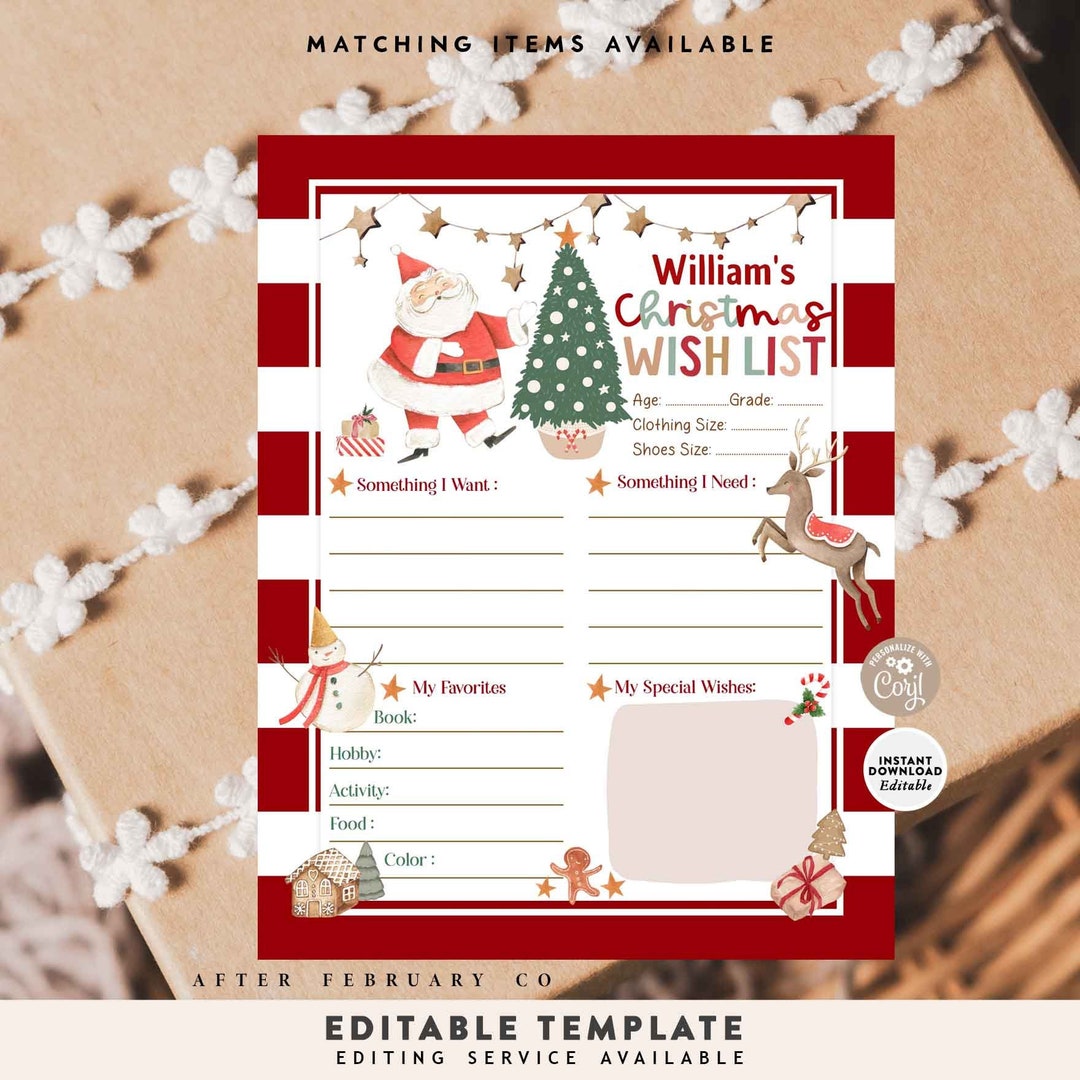 Editable Kids Christmas Wish List Letter to Santa Claus Christmas Eve ...
