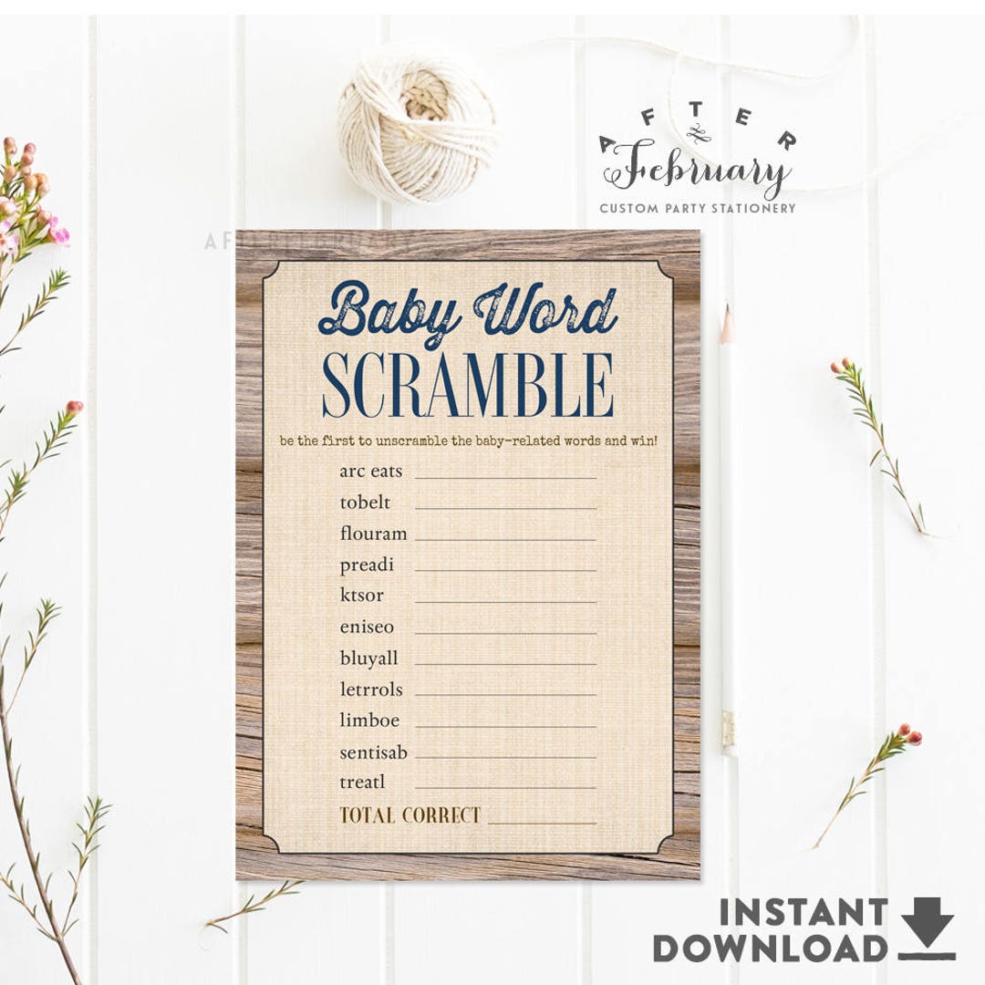 Rustic Baby Shower Word Scramble Game, Wood Farm Rustic Baby Shower ...