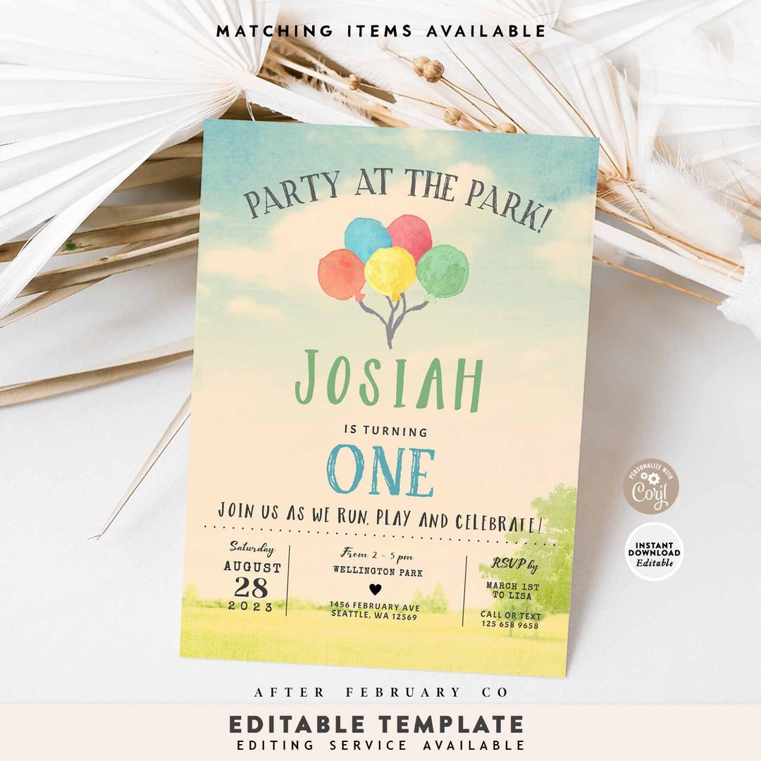 Editable Park Birthday Invitation: Watercolor Balloons Invite Template ...