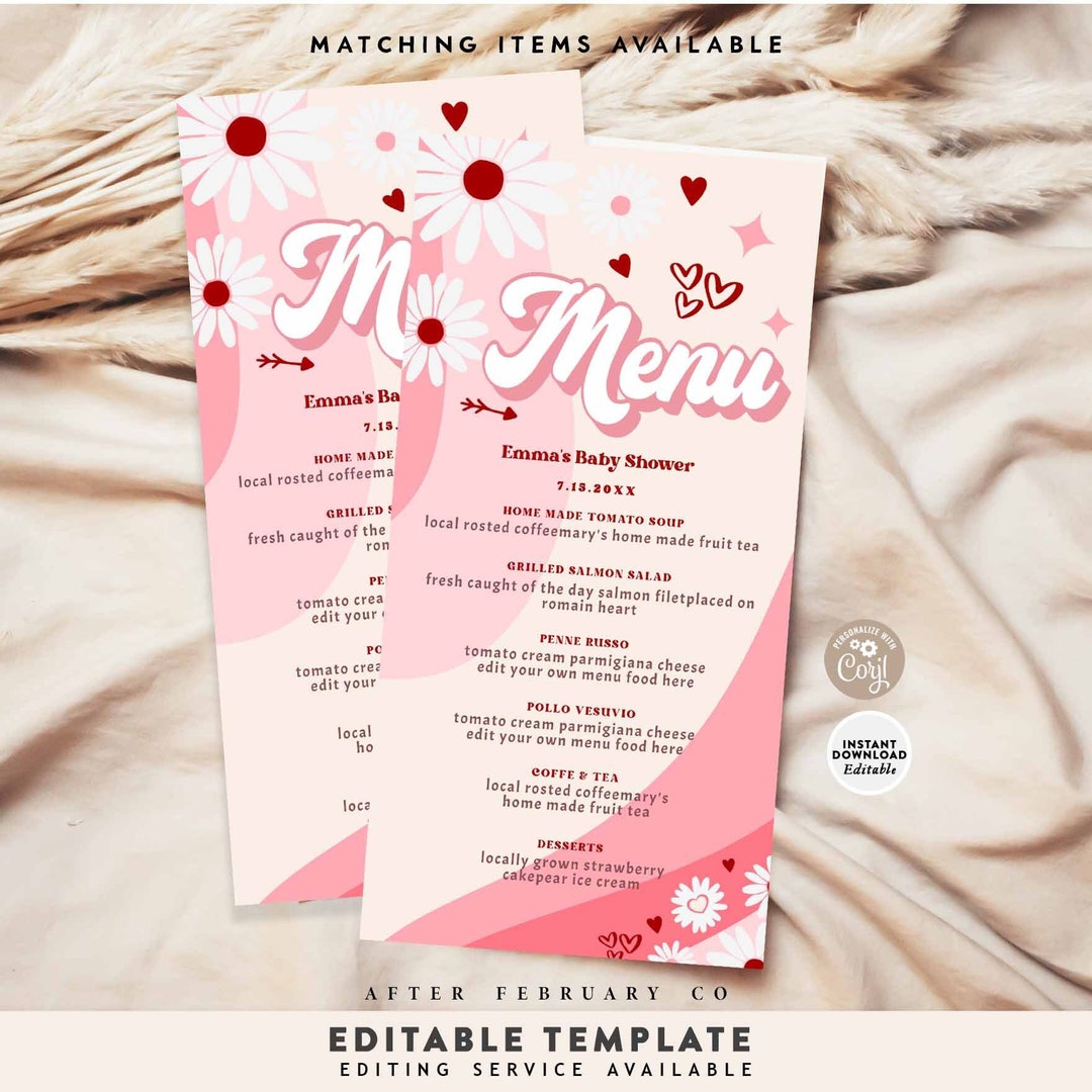 EDITABLE Retro Groovy Valentine Baby Shower Birthday ANY EVENT Menu 4x8 ...