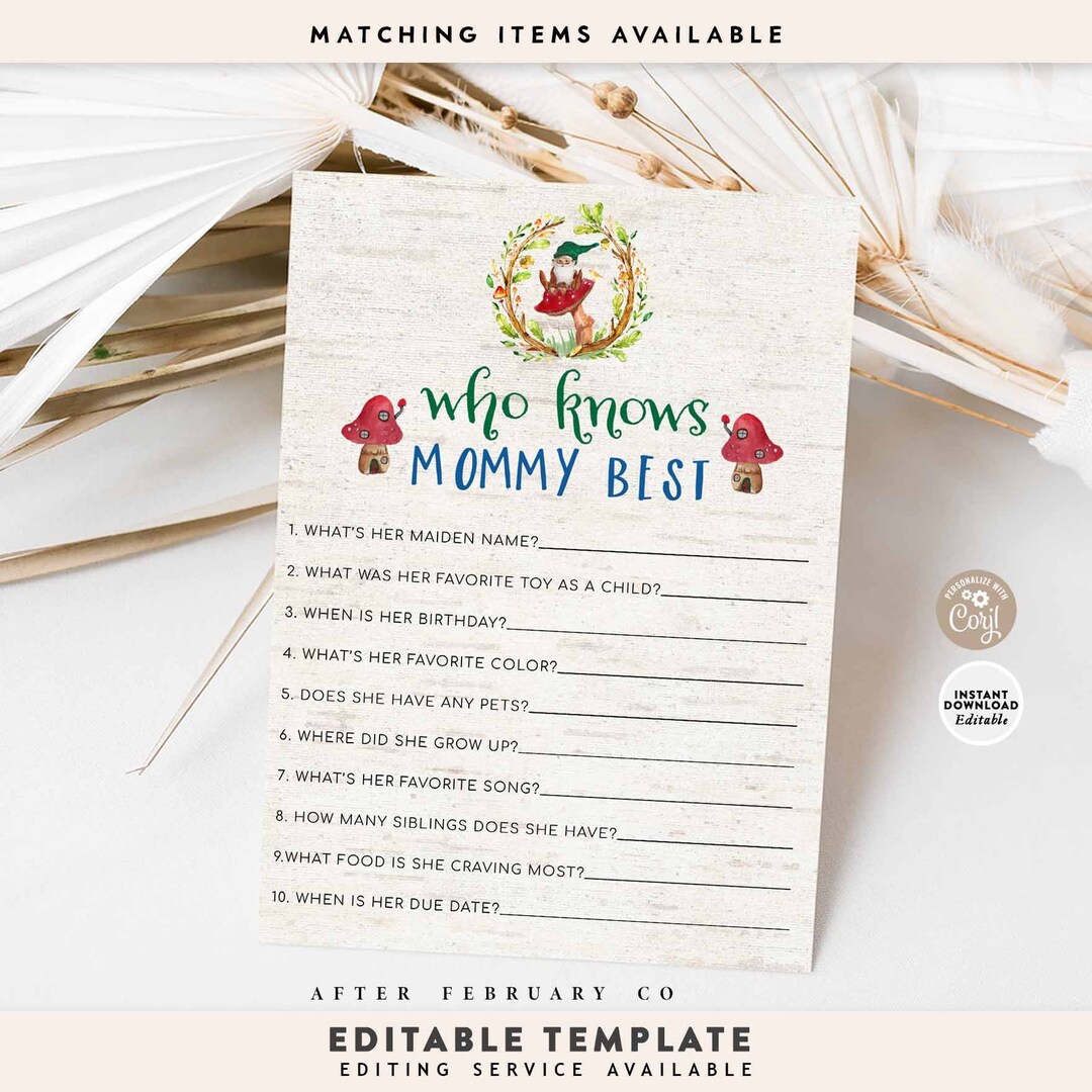 EDITABLE Gnome Baby Shower Game Who Knows Mommy Best Games Boy Gnome ...