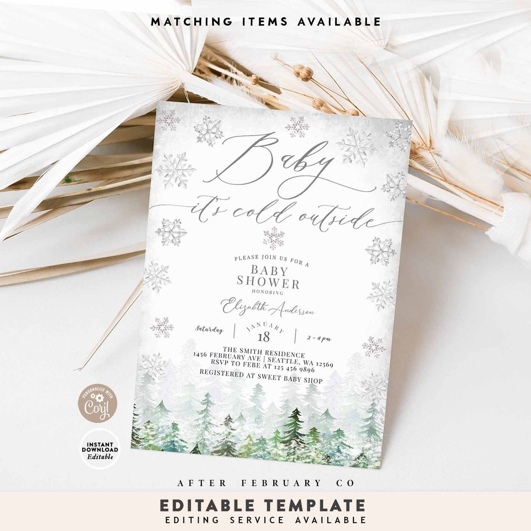 Editable Winter Trees Snowflake Baby Shower Invitation Baby It's Cold ...