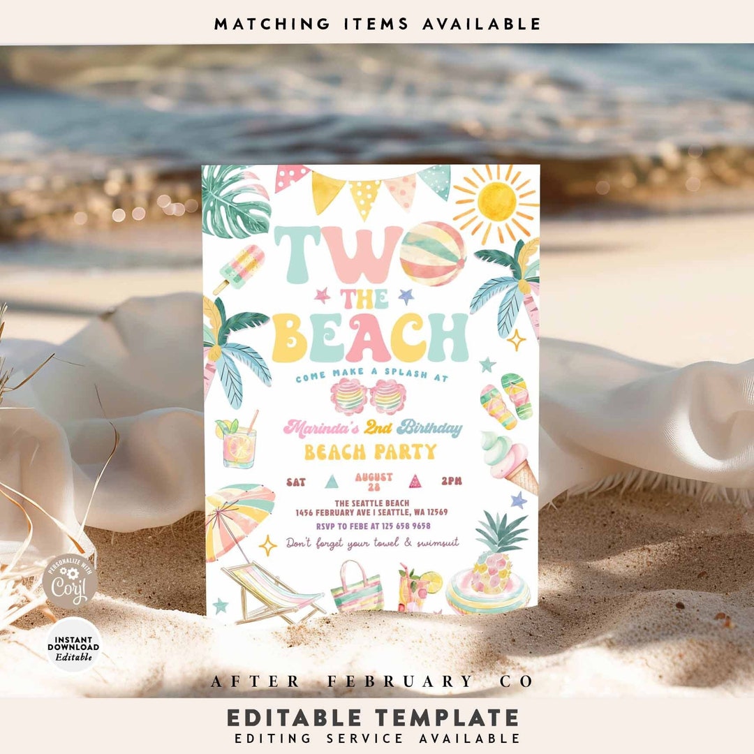 Editable TWO the Beach 2nd Birthday Beach Party Invitation Girly Pink ...