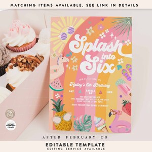 Editable Splash Into SIX 6th Birthday Pool Party Invitation Girly ...
