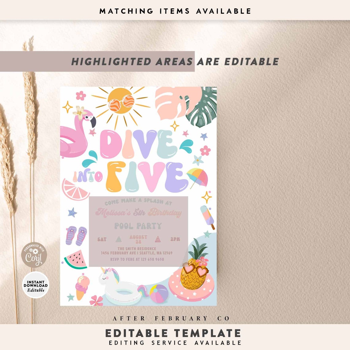 Editable Dive Into FIVE Pool Party 5th Birthday Invitation Tropical ...
