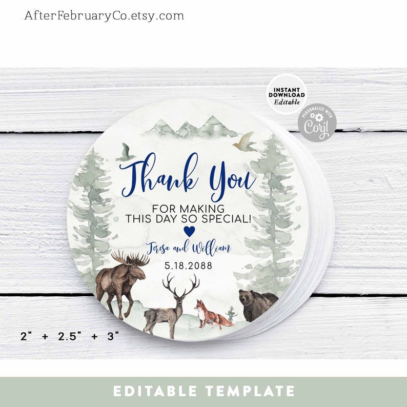EDITABLE Woodland Forest Animals Folded Thank You Round Tag - Etsy