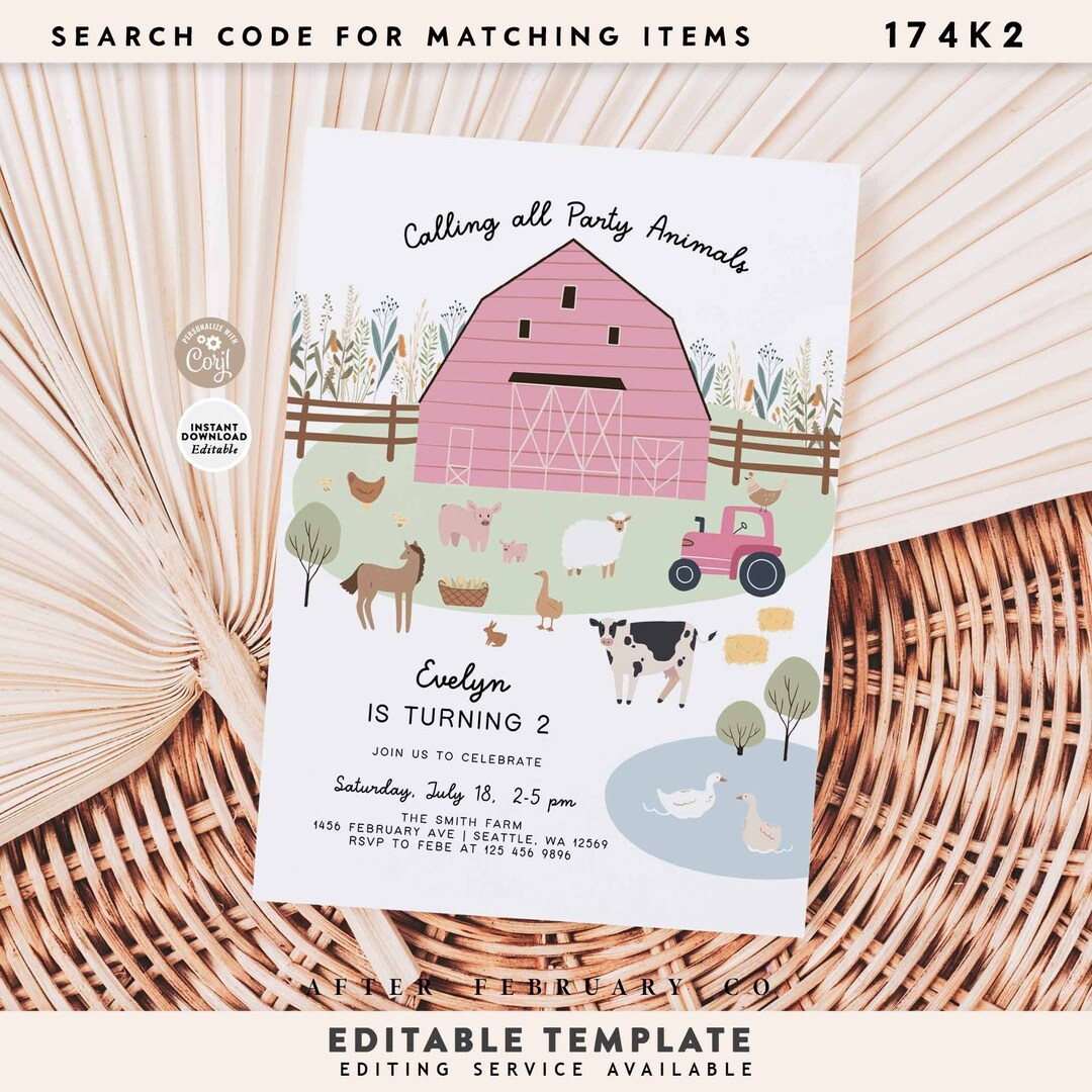 Editable Girl Farm Animals Invitation Petting Zoo Pink Barn Calling All ...