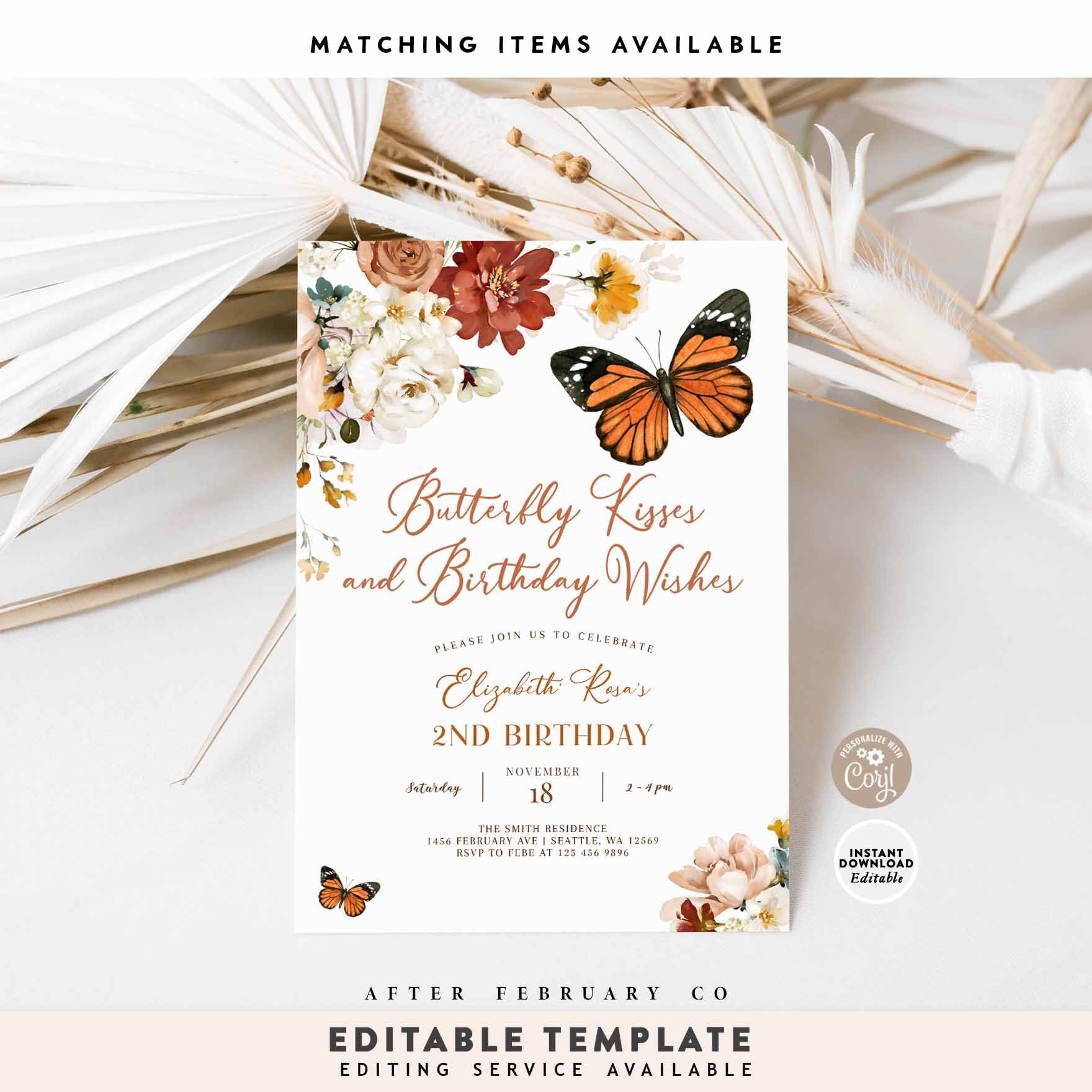 EDITABLE ANY AGE Monarch Butterfly Birthday Invitation Garden ...