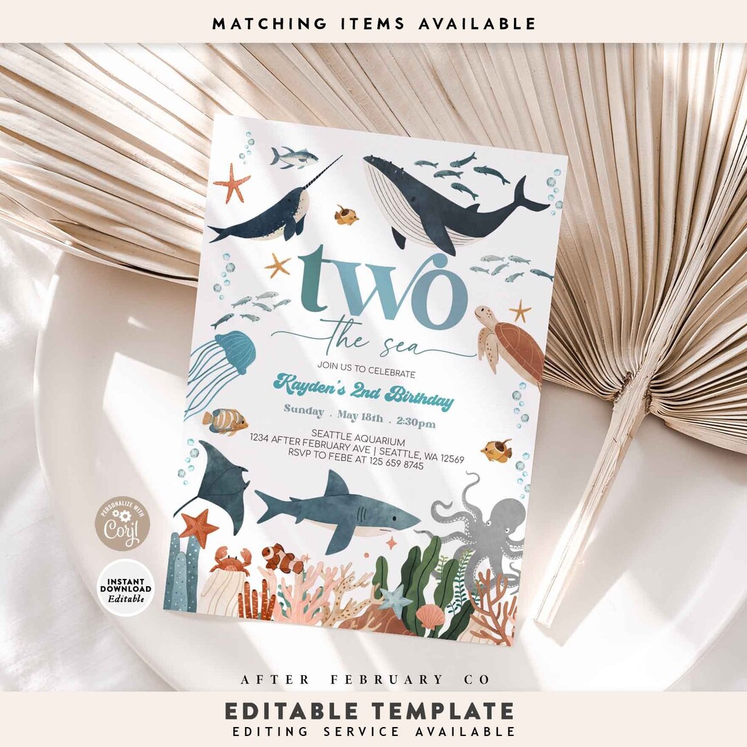 Editable Boy TWO the Sea Under the Sea Ocean 2nd Birthday Invitation ...