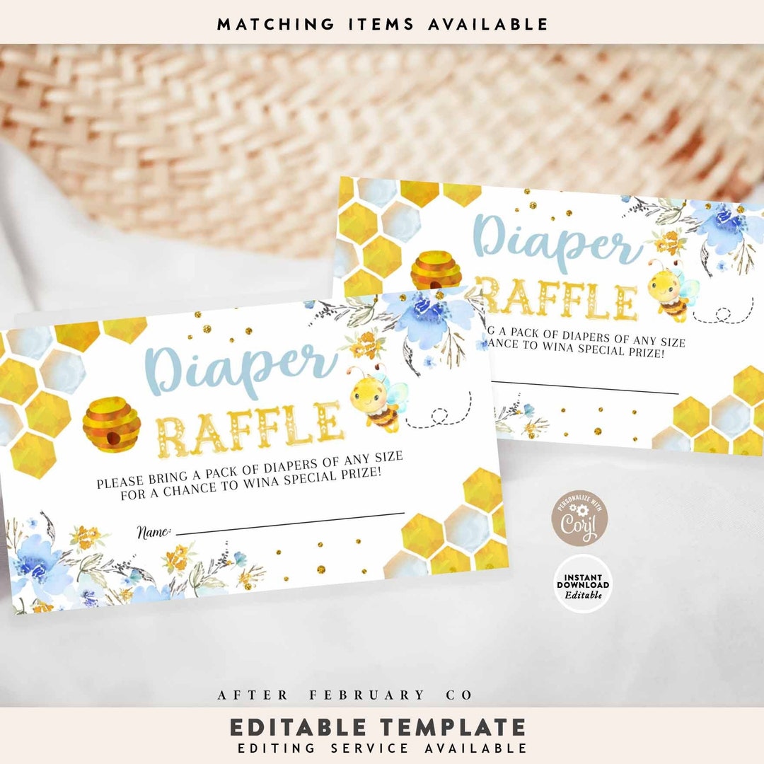 Editable Bumble Bee Diaper Raffle Insert Boy Blush Blue Floral Yellow ...