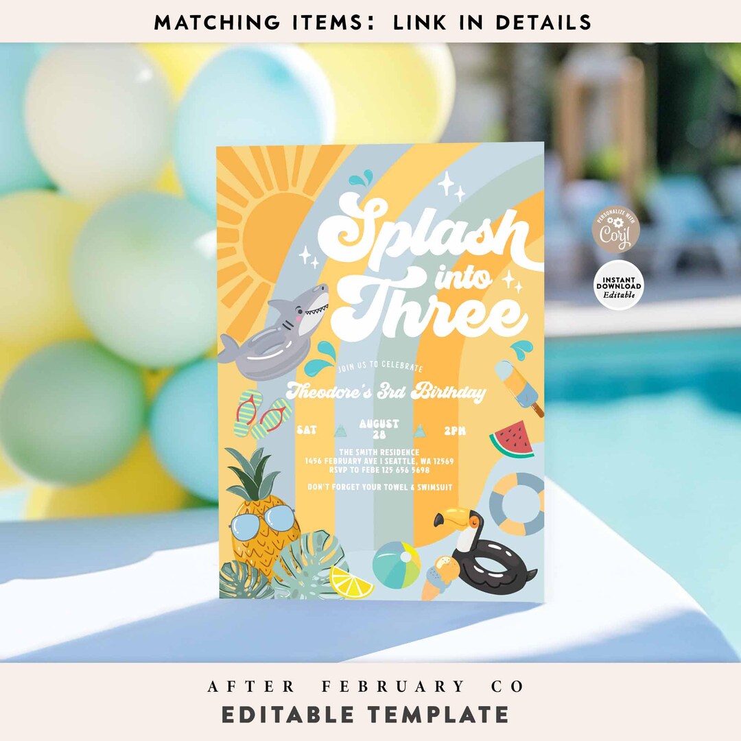 Boy Splash Into Three 3rd Birthday Pool Beach Water Park Birthday Party ...