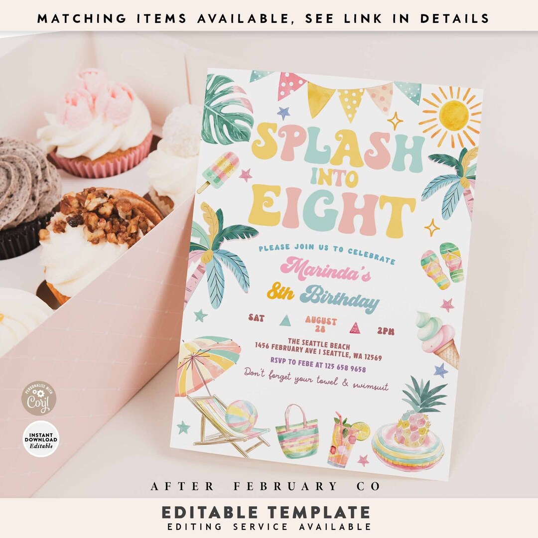 Editable Splash Into EIGHT 8th Birthday Pool Beach Party Girl Twins ...