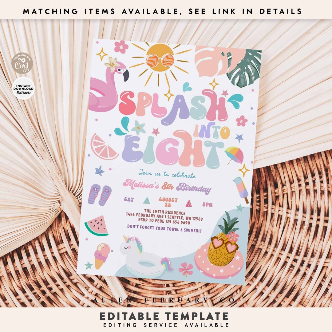 Editable Splash Into EIGHT 8th Birthday Pool Party Invitation Girly ...
