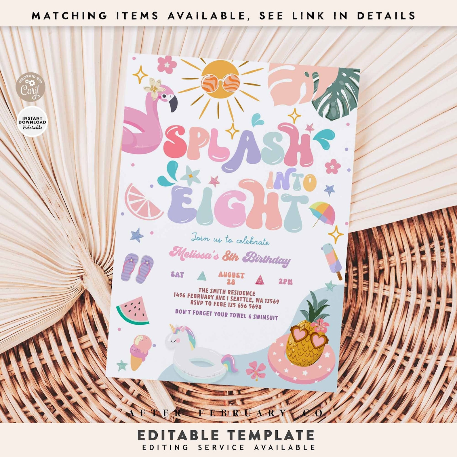 Splash Into Eight 8th Birthday Pool Party Invitation: Summer Swimming ...