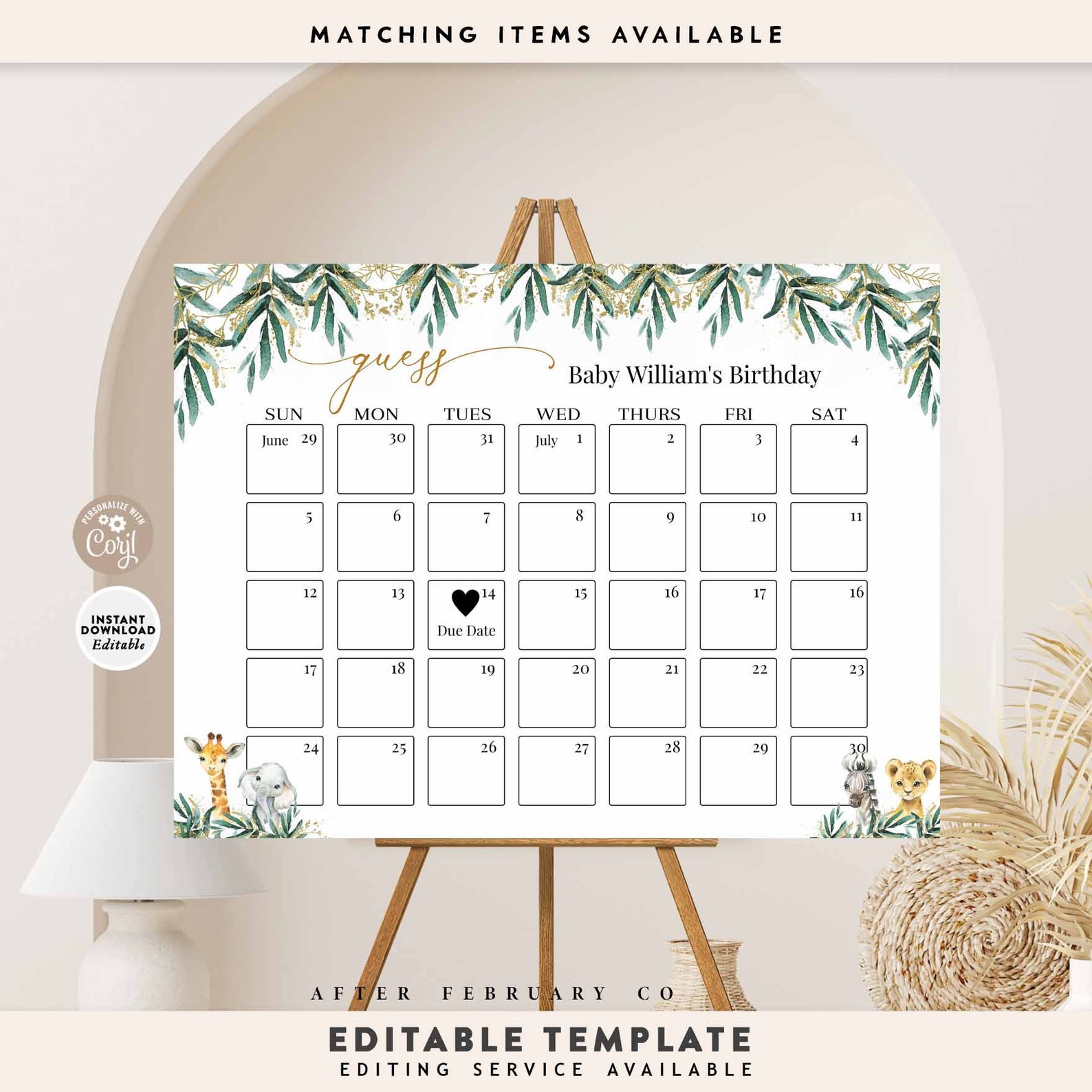 EDITABLE Safari Animals Due Date Calendar Printable Gender Neutral Baby ...