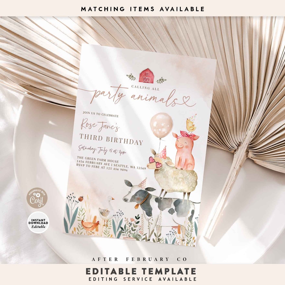 Editable Farm Animals Party Birthday Invitation Calling All Party ...