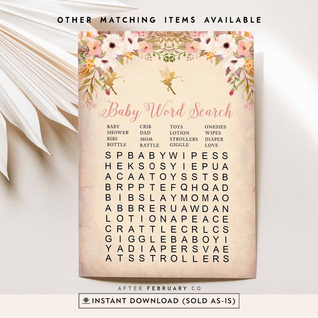 Fairy Baby Shower Baby Printable Word Search Floral Fairy Baby Shower ...