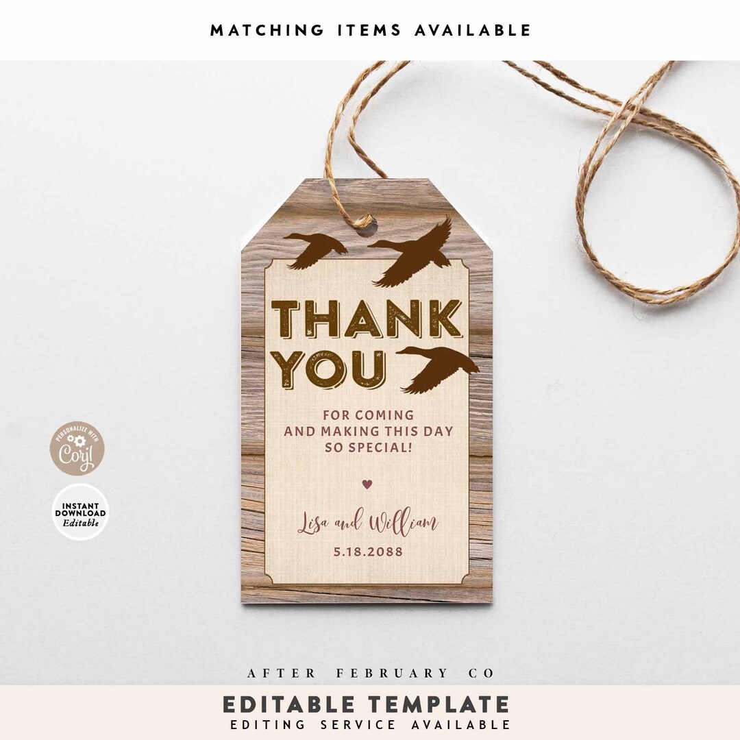 EDITABLE Flying Duck Rustic Hunting Thank You for Coming Favor Gift Tag ...