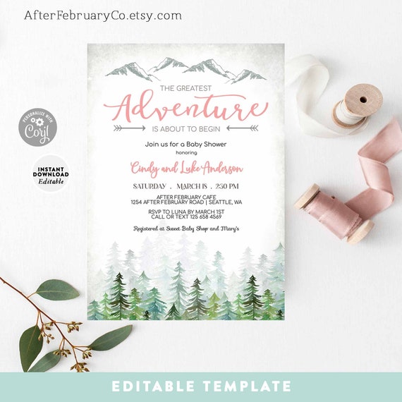 EDITABLE Adventure Baby Shower Invitation Girl Mountain - Etsy