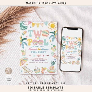 Editable TWO the POOL 2nd Birthday Pool Party Invitation Girly Pink ...