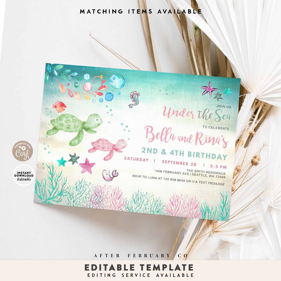 EDITABLE Girl Sea Turtle Birthday Invitation Joint Double Birthday ...