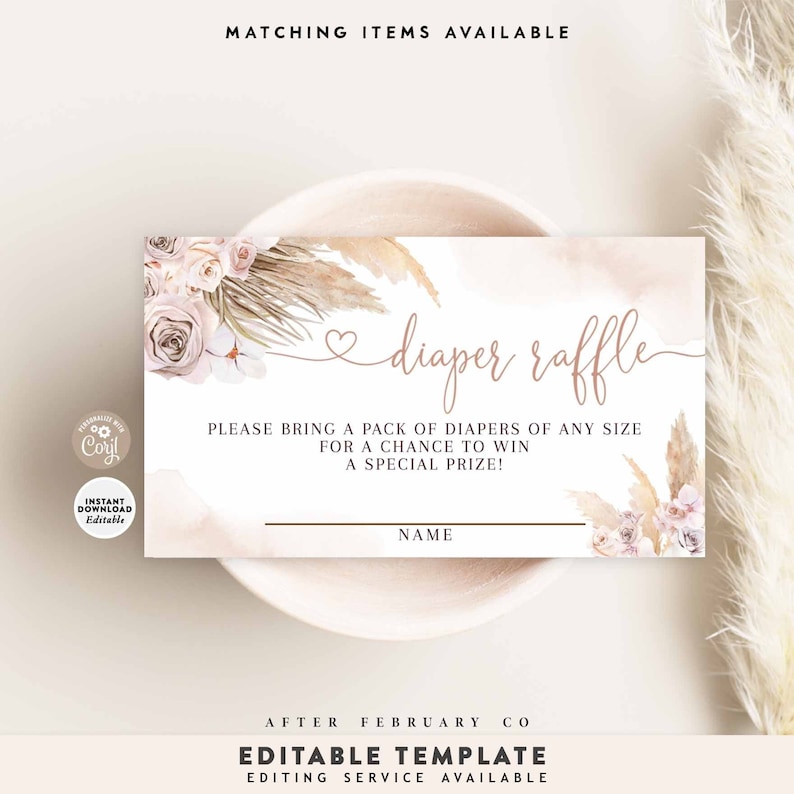 EDITABLE Pink Pampas Grass Boho Diaper Raffle Ticket Printable Pampas ...