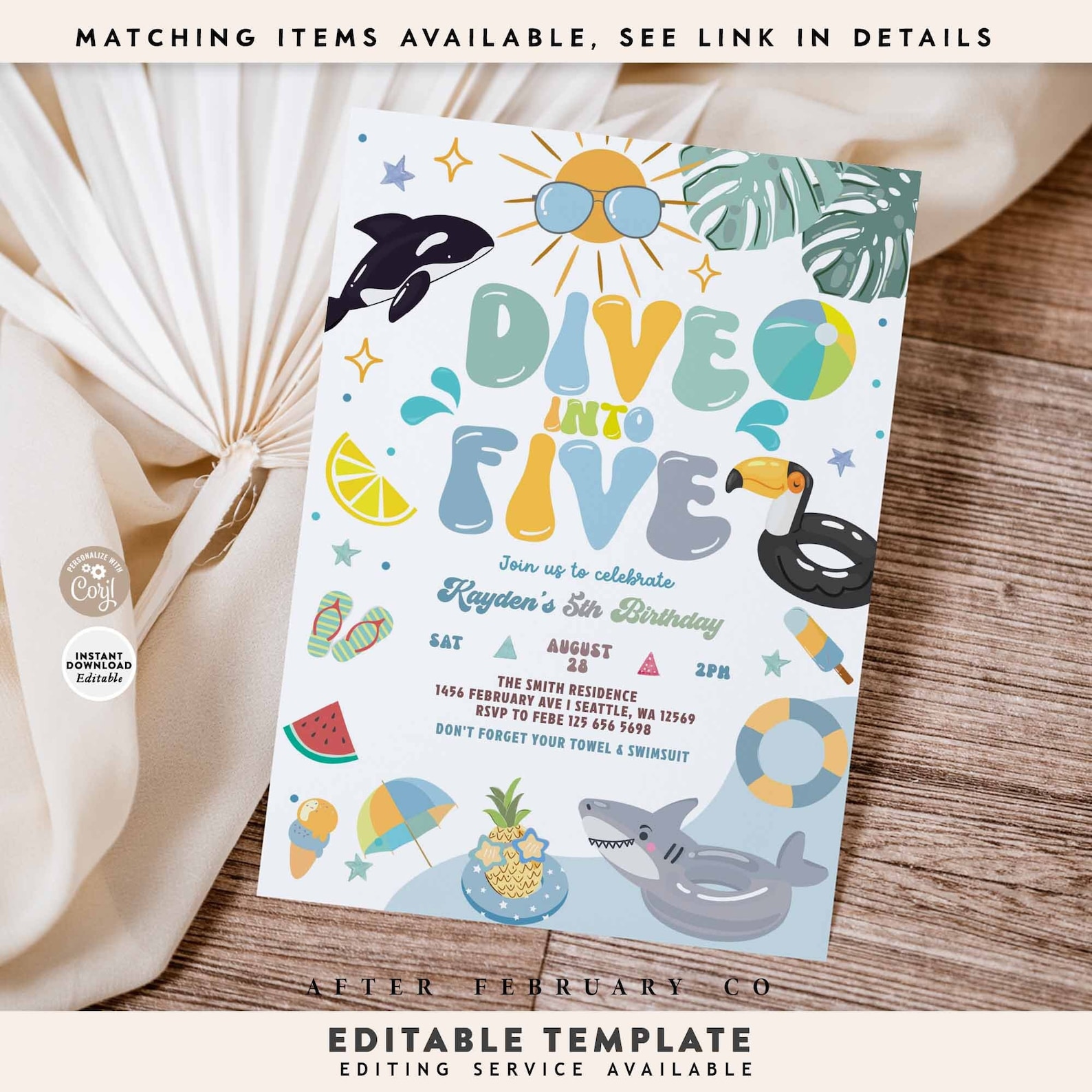 Dive Into FIVE Boy 5th Birthday Pool Party Invitation: Shark Invite ...