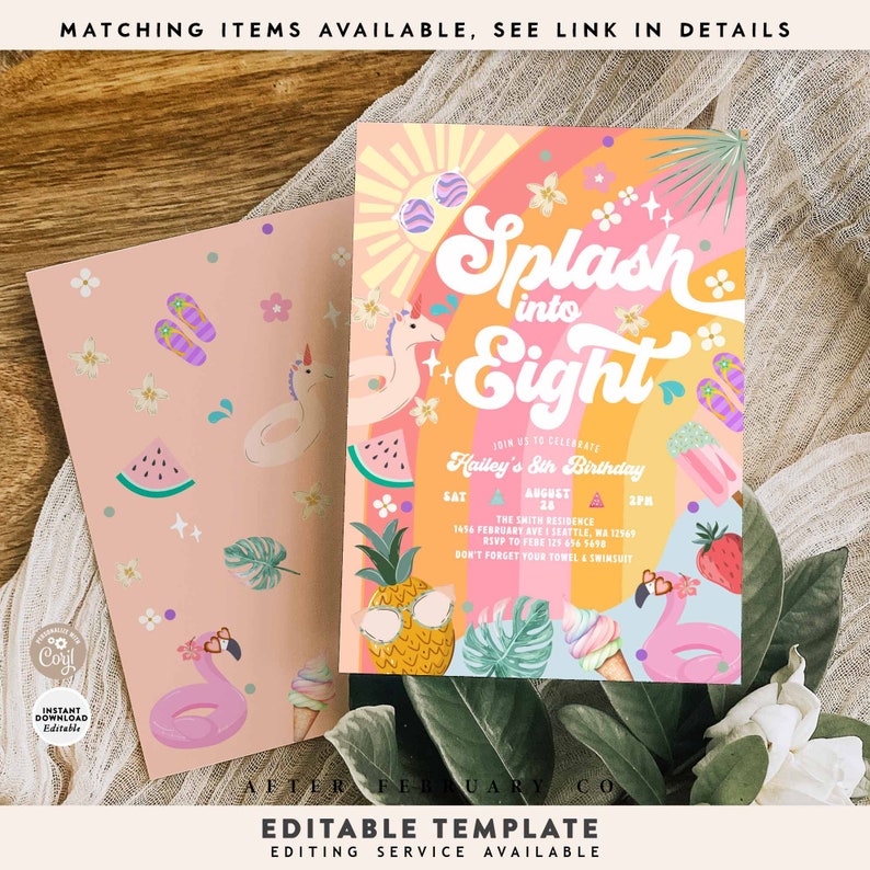 Splash Into Eight 8th Birthday Pool Party Invitation: Swimming Invite ...