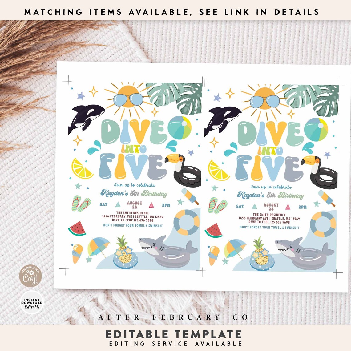 Dive Into FIVE Boy 5th Birthday Pool Party Invitation: Shark Invite ...