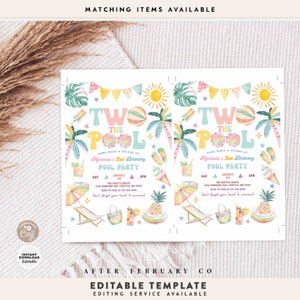 Editable TWO the POOL 2nd Birthday Pool Party Invitation Girly Pink ...
