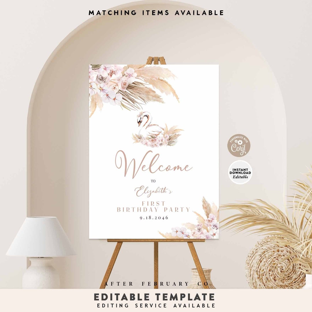 EDITABLE Boho Pink Pampas Grass Swan Birthday Party Welcome Sign Girl ...