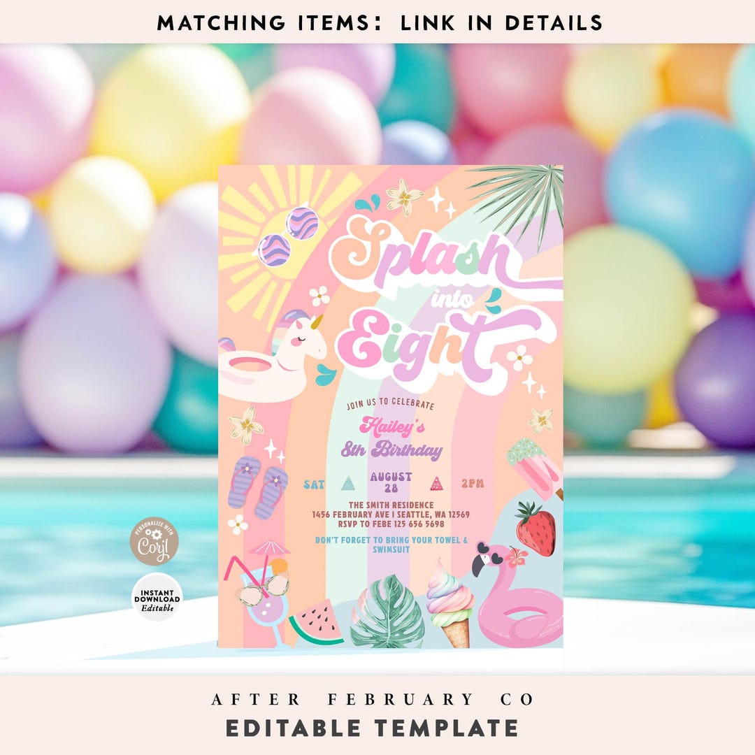 Splash Into Eight 8th Birthday Pool Party Invitation: Swimming Birthday ...