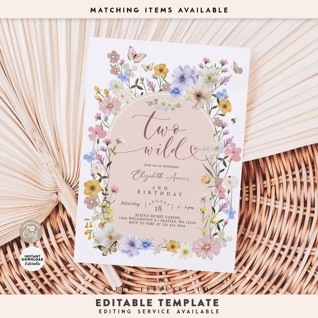 Editable Wildflower Blush TWO Wild 2nd Birthday Invitation Floral ...