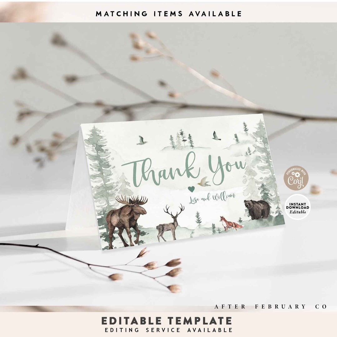 EDITABLE Woodland Forest Animals Folded Thank You Card Deer Bear Fox ...