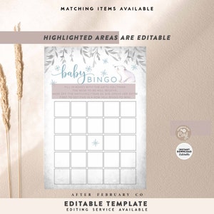 EDITABLE Winter Polar Bear Baby Shower Game Baby Bingo Games Blue Boy ...